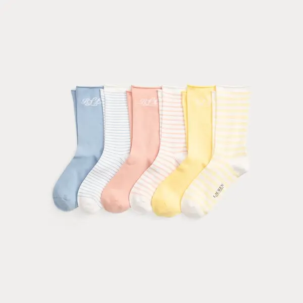 Ralph Lauren Striped & Logo Roll-top Sock 6-pack - Blue/white/pink/yellow