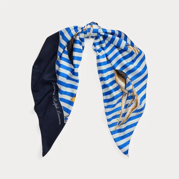 Ralph Lauren Striped Sailboat-print Silk Square Scarf - Navy