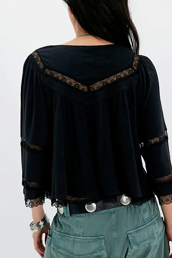 Free People Frolic Free Top Linen-blend With Lace Trim - Black