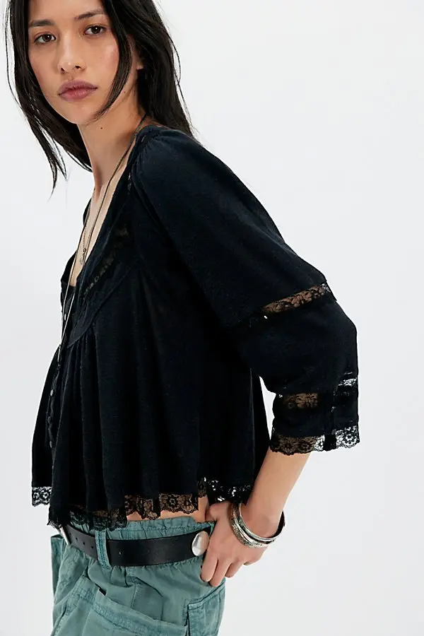 Free People Frolic Free Top Linen-blend With Lace Trim - Black