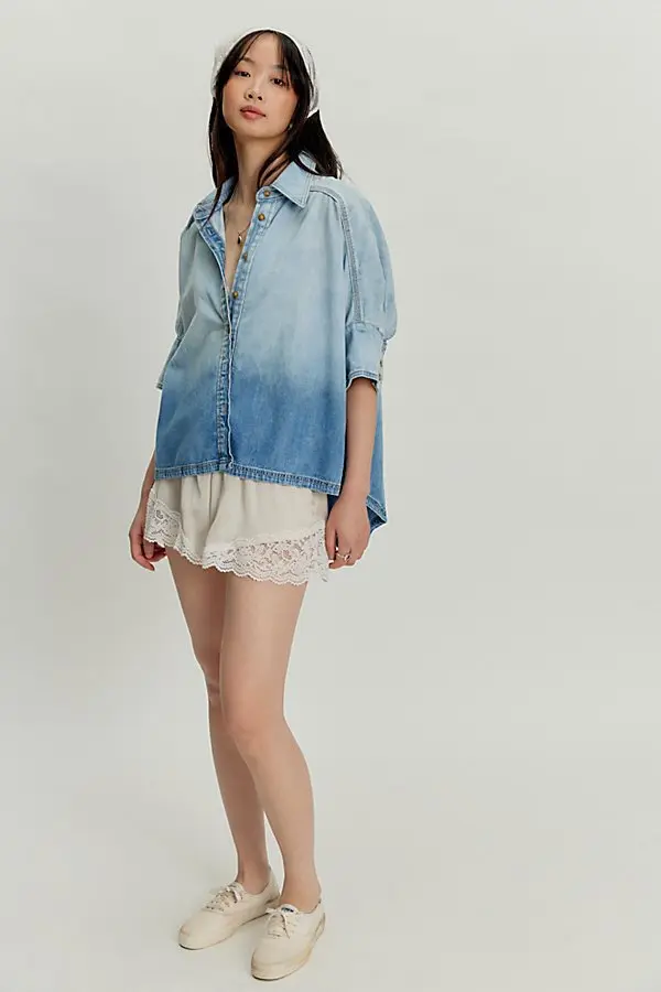 Free People We The Free Seaside Denim Button Down Shirt With Balloon Sleeves - Medium Vintage Blue