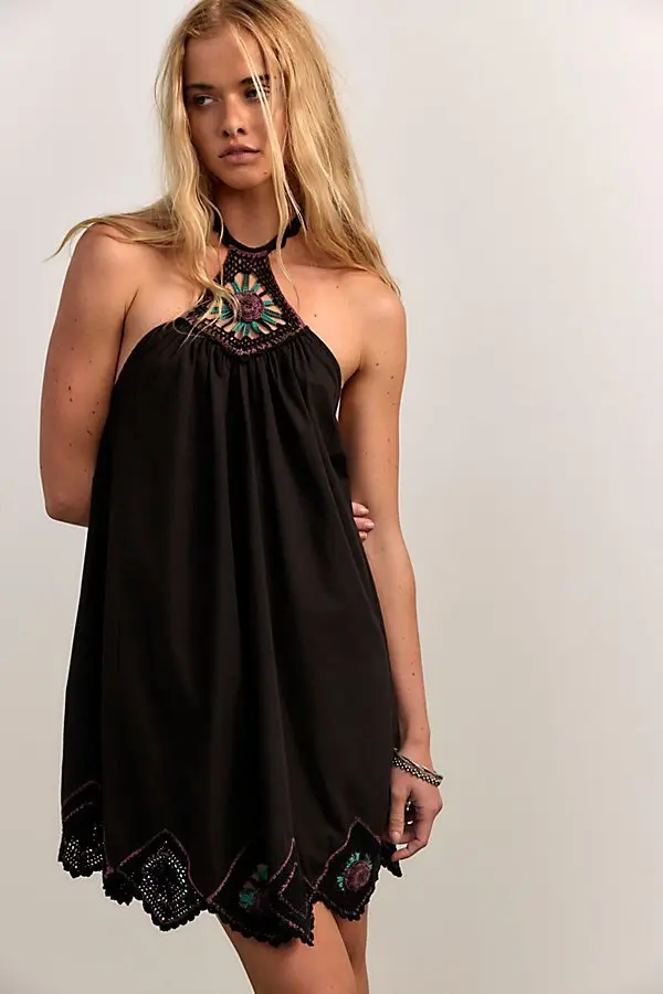 Free People Crochet Gardens Mini Dress - Black Combo