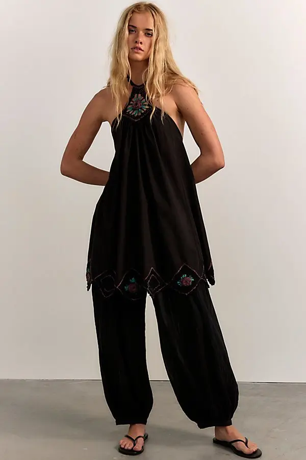 Free People Crochet Gardens Mini Dress - Black Combo