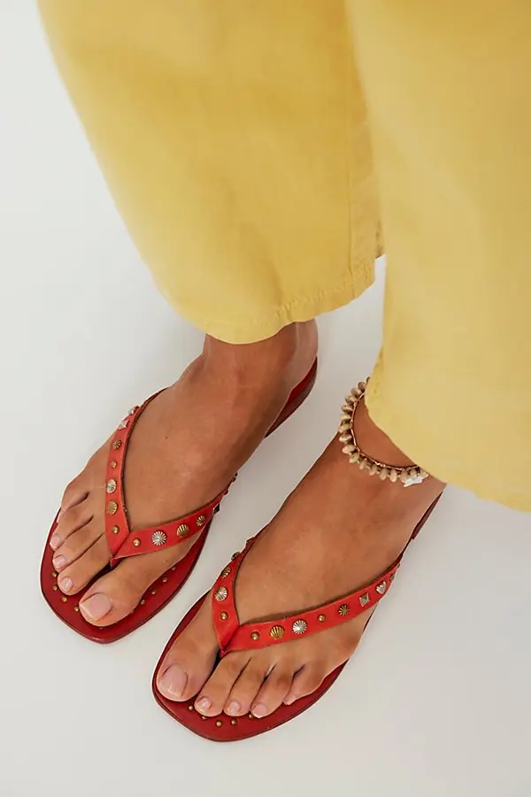 Free People Embellished Leather Flip Flops - Rust Leather