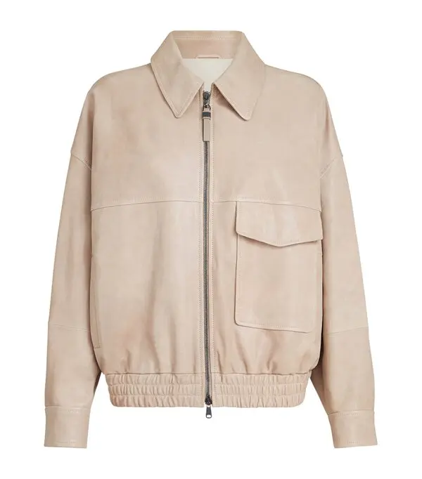 Brunello Cucinelli Leather Bomber Jacket - Beige