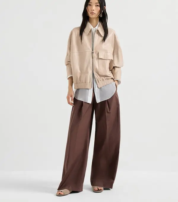 Brunello Cucinelli Leather Bomber Jacket - Beige