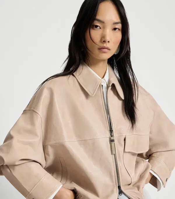 Brunello Cucinelli Leather Bomber Jacket - Beige