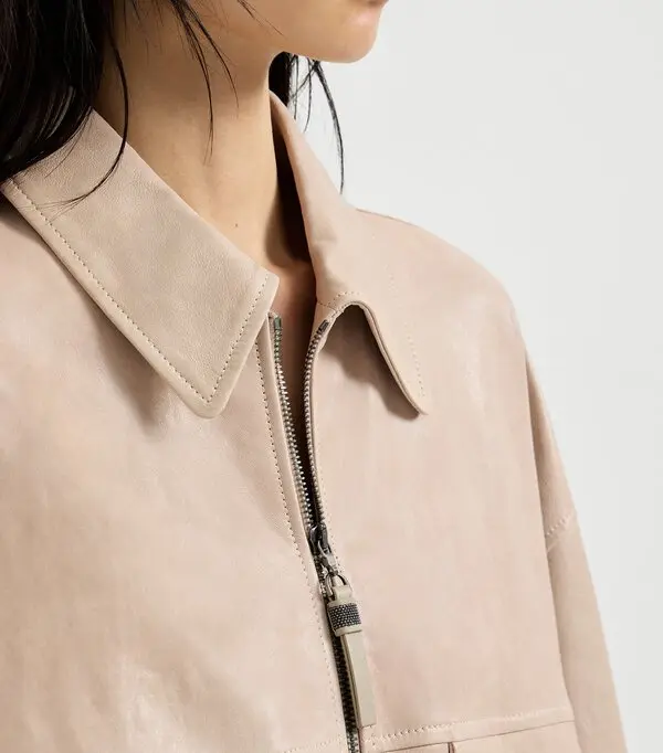 Brunello Cucinelli Leather Bomber Jacket - Beige