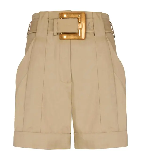 Balmain Cotton Gabardine Belted Shorts - Beige