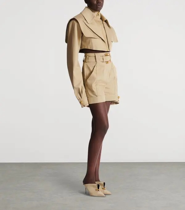Balmain Cotton Gabardine Belted Shorts - Beige