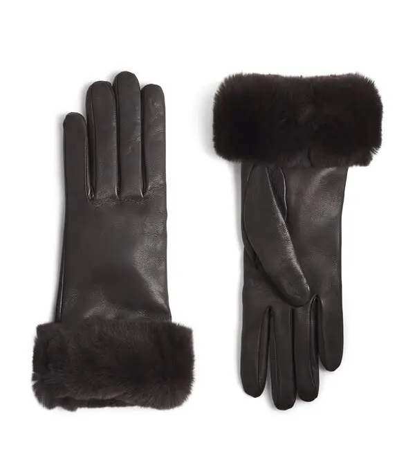 Eleventy Leather Gloves With Fur Trim - Brown