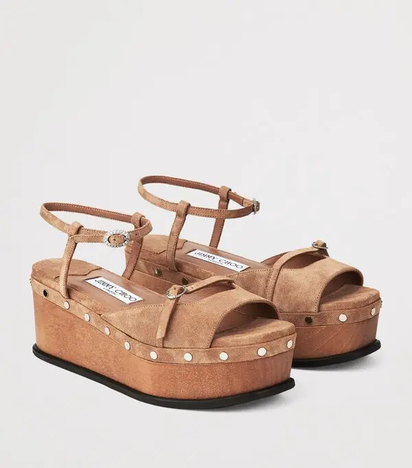 JIMMY CHOO Kata 60 Velvet Suede Wedge Sandals - Beige
