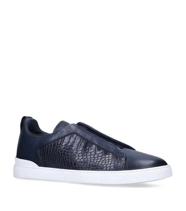 Zegna Crocodile Leather Triple Stitch Sneakers - Navy