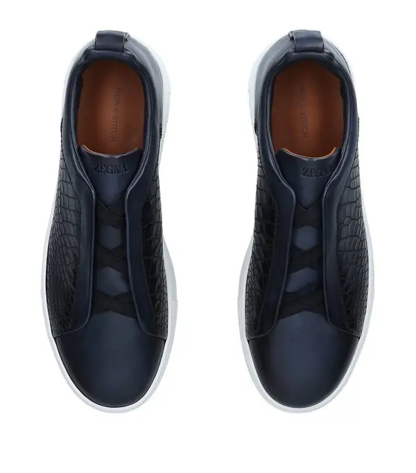 Zegna Crocodile Leather Triple Stitch Sneakers - Navy