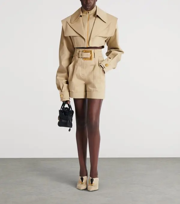 Balmain Cotton Gabardine Belted Shorts