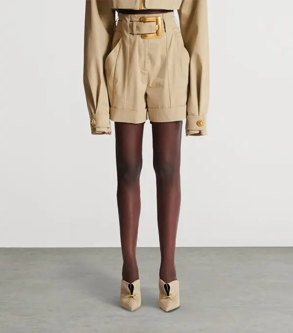 Balmain Cotton Gabardine Belted Shorts