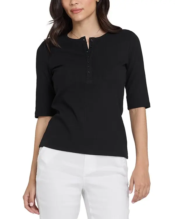 NYDJ Ribbed Elbow Sleeved Henley Top - Black