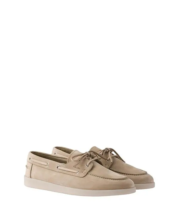 Prada Suede Lace-up Boat Shoes - Neutral
