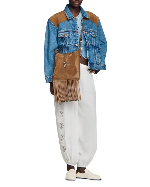 Sandro Le Claudia Fringed Leather & Suede Bag - Camel