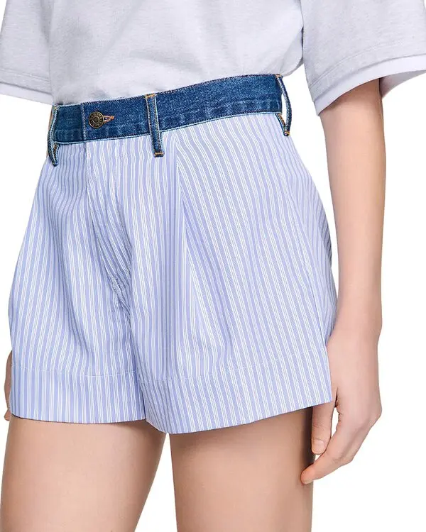 Sandro Striped Shorts With Denim Trim - Blue Gree