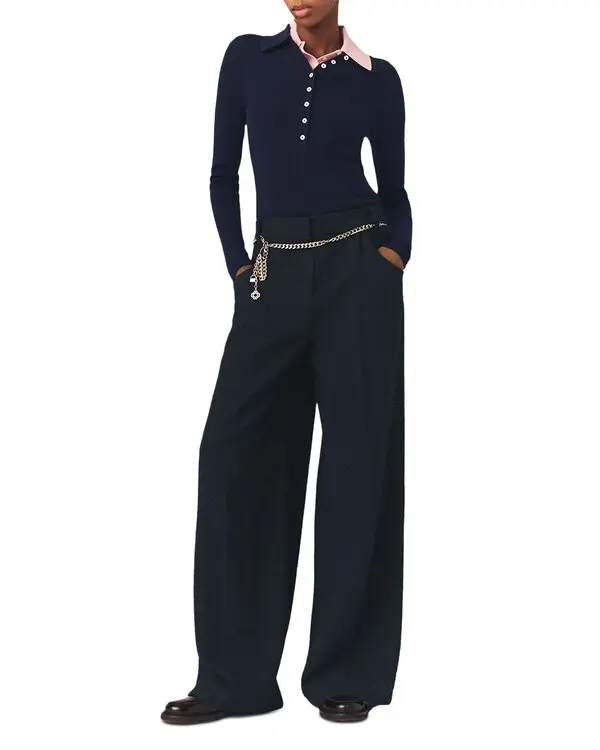 Maje Padeiry Tweed Wide Leg Pants - Navy