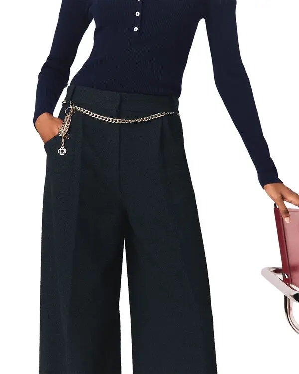 Maje Padeiry Tweed Wide Leg Pants - Navy