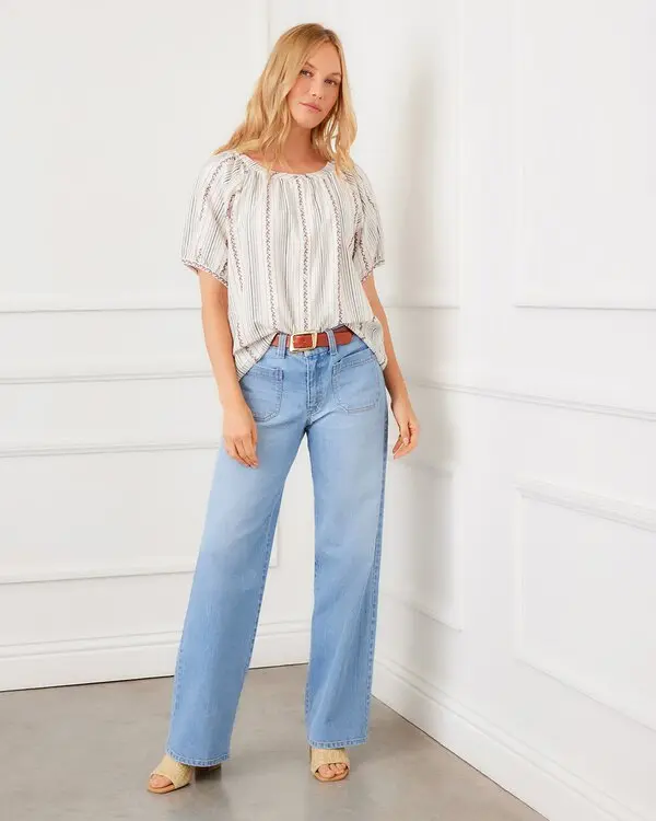 Karen Kane Stripe Puff Sleeve Embroidered Peasant Top