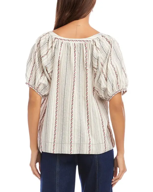 Karen Kane Stripe Puff Sleeve Embroidered Peasant Top