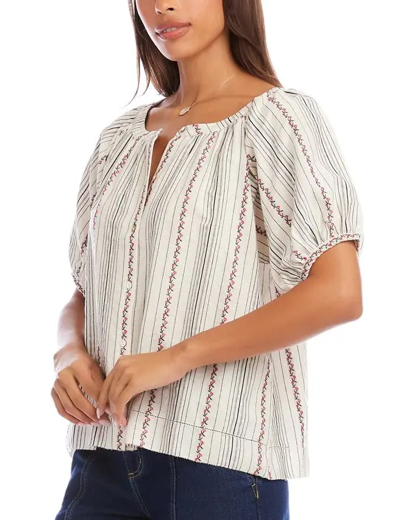 Karen Kane Stripe Puff Sleeve Embroidered Peasant Top