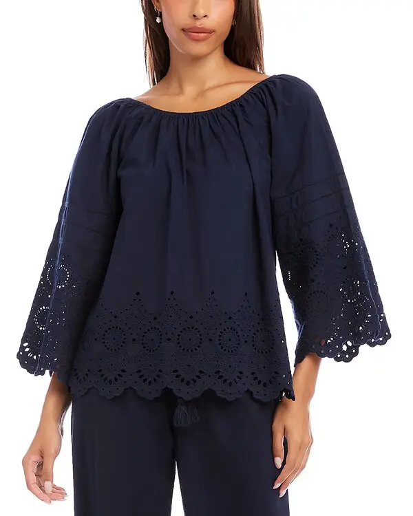 Karen Kane Flare Sleeve Embroidered Top With Scallop Edge - Navy