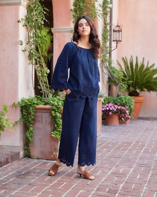 Karen Kane Flare Sleeve Embroidered Top With Scallop Edge - Navy