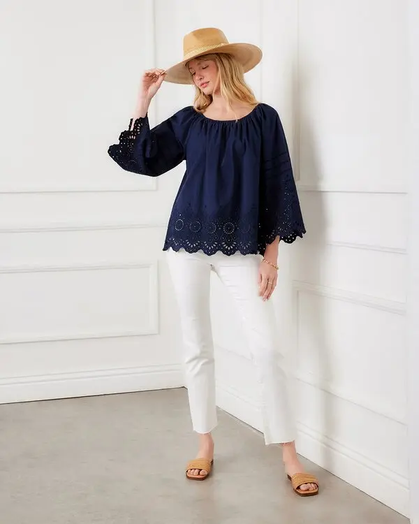 Karen Kane Flare Sleeve Embroidered Top With Scallop Edge - Navy