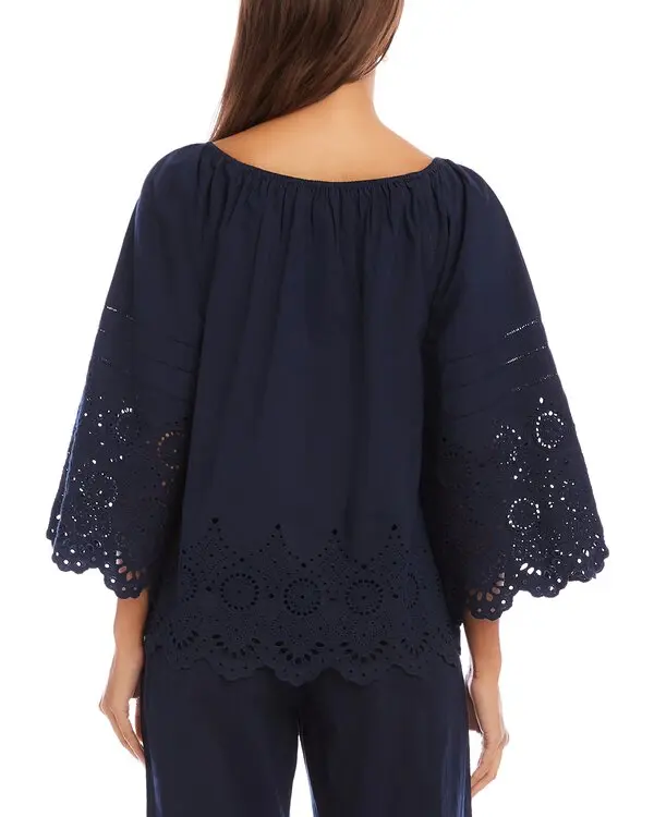 Karen Kane Flare Sleeve Embroidered Top With Scallop Edge - Navy