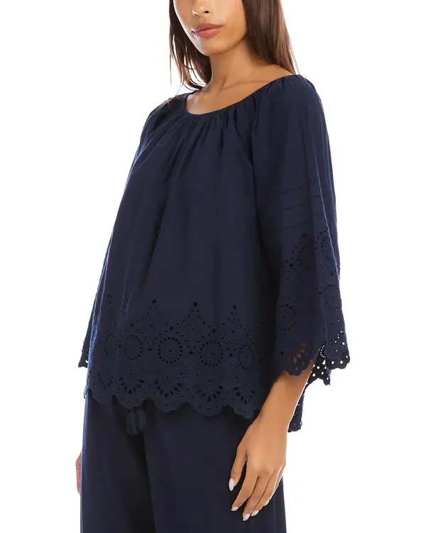 Karen Kane Flare Sleeve Embroidered Top With Scallop Edge - Navy