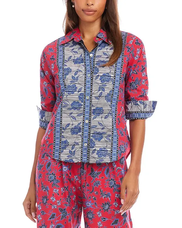 Karen Kane Ruched Sleeve Border Print Shirt