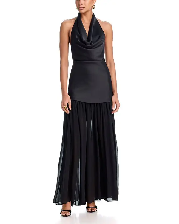 Aqua Cowl Neck Drop Waist Gown - Black