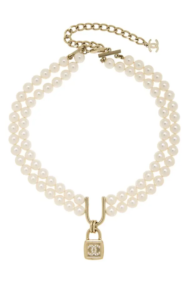 Chanel Faux Pearl 'cc' Padlock Necklace - Gold