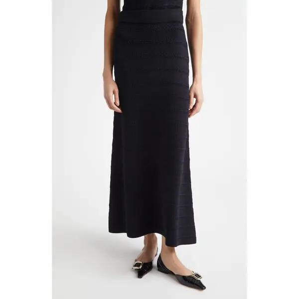 St. John Breton Stripe Wool Blend Sweater Skirt - Black/navy Multi
