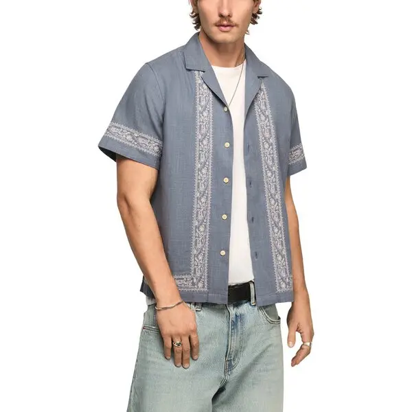Lucky Brand Embroidered Cotton Blend Camp Shirt - Blue Multi