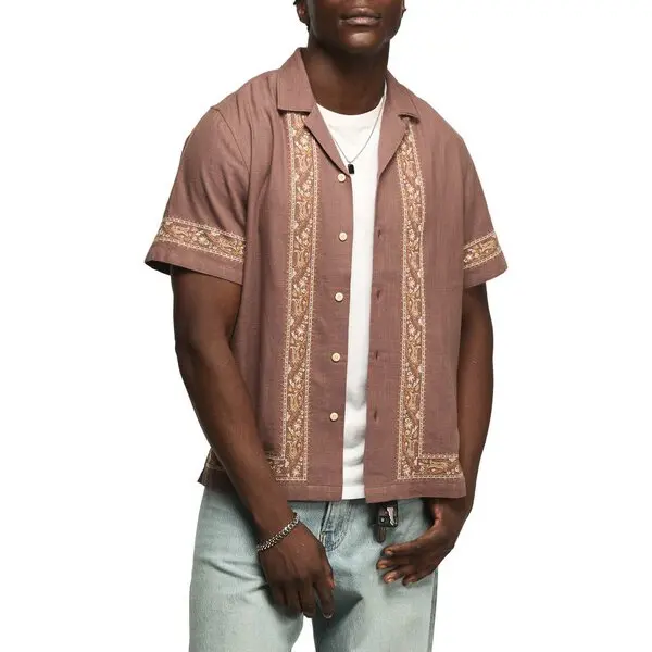 Lucky Brand Embroidered Cotton Blend Camp Shirt - Brown Multi