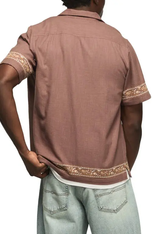 Lucky Brand Embroidered Cotton Blend Camp Shirt - Brown Multi