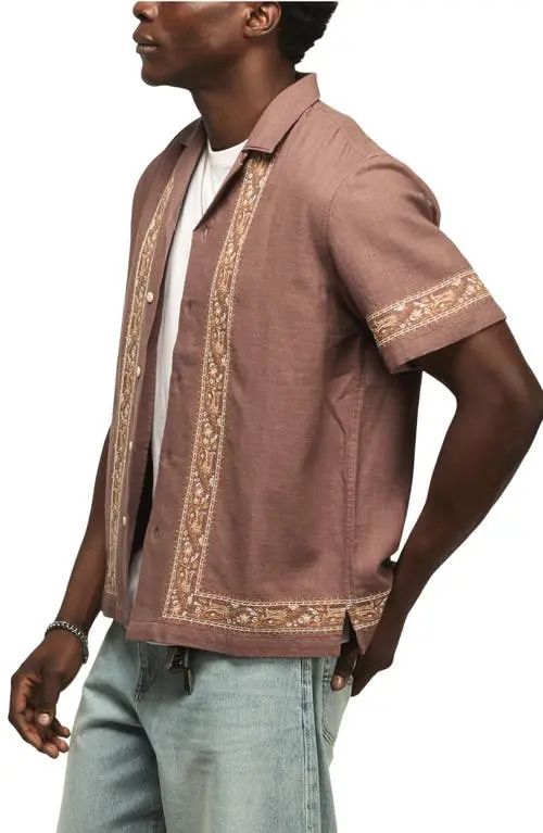 Lucky Brand Embroidered Cotton Blend Camp Shirt - Brown Multi