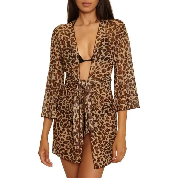 BECCA By Rebecca Virtue Safari Tie Front Long Sleeve Sheer Mesh Cover-up - Leopard