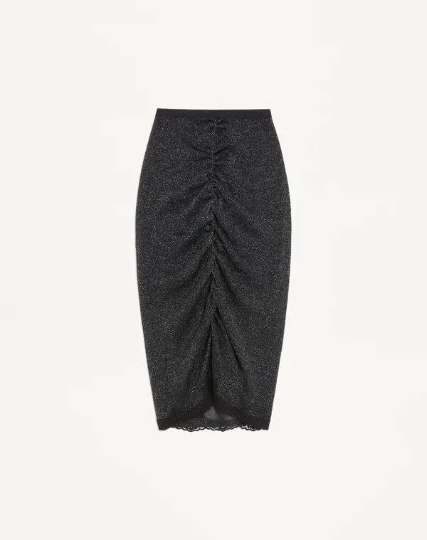 Valentino Garavani Lurex Knit Midi Skirt With Lace Hem - Black/silver