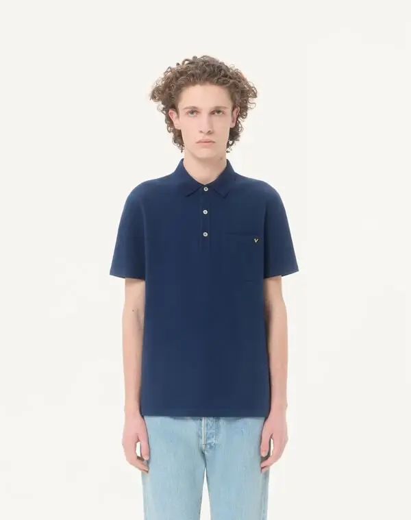 Valentino Garavani Polo Shirt In Cotton Piquet With Vgold - Blue