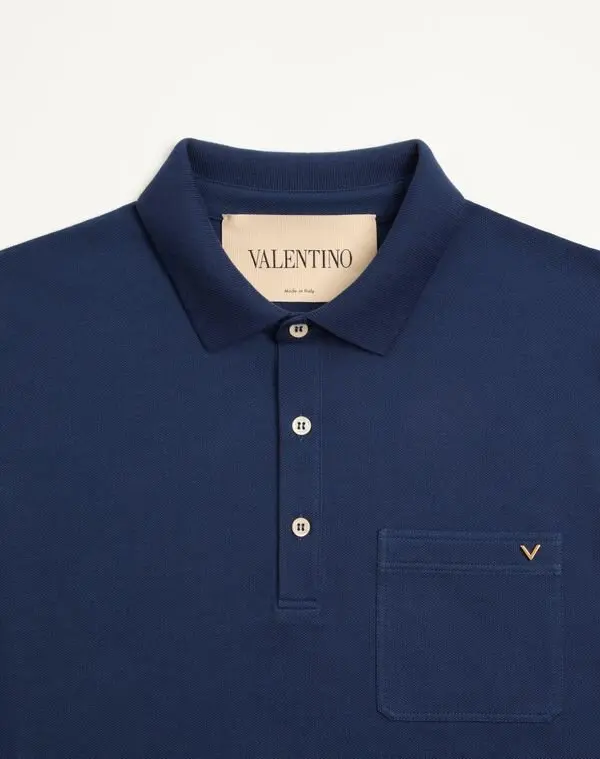 Valentino Garavani Polo Shirt In Cotton Piquet With Vgold - Blue