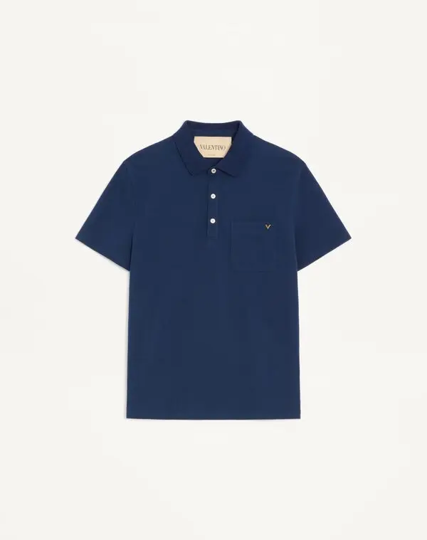 Valentino Garavani Polo Shirt In Cotton Piquet With Vgold - Blue