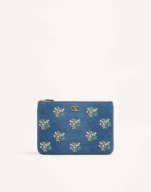 Valentino Garavani Vlogo Signature Clutch With Floral Embroidery - Denim