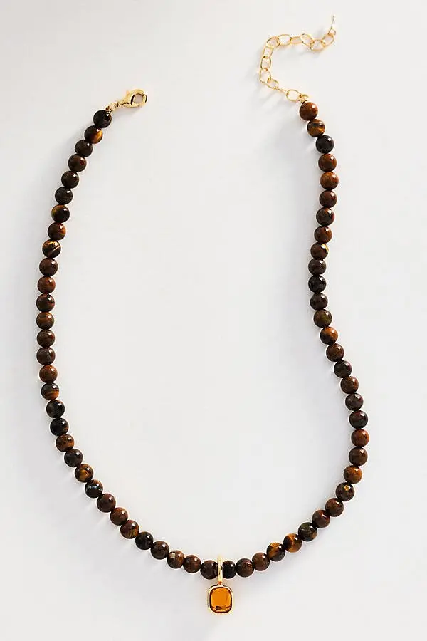 Anthropologie Beaded Crystal Pendant Necklace - Brown