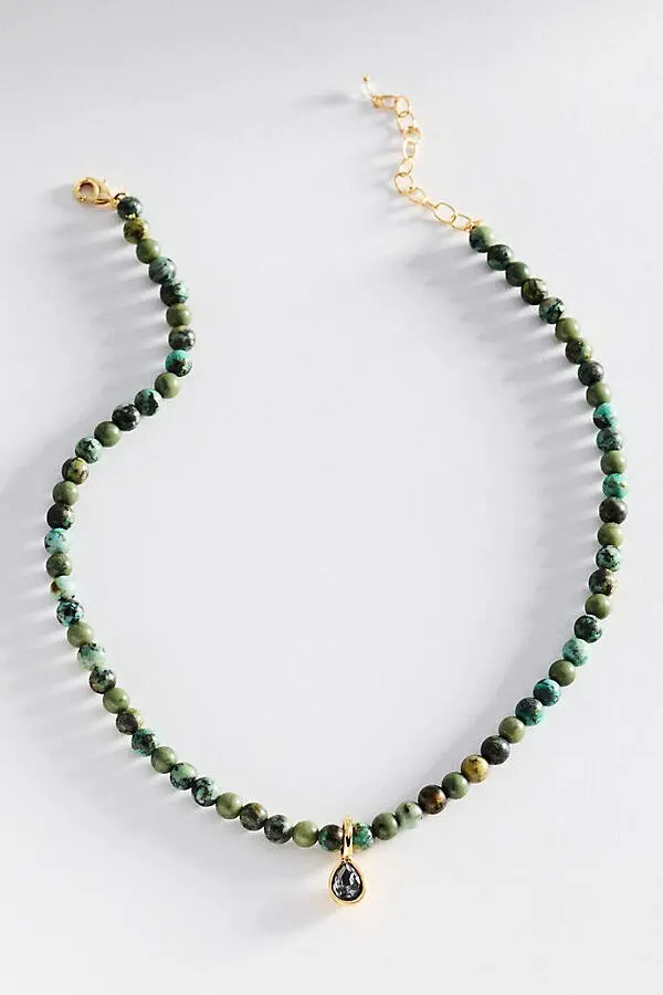 Anthropologie Beaded Pendant Necklace - Green